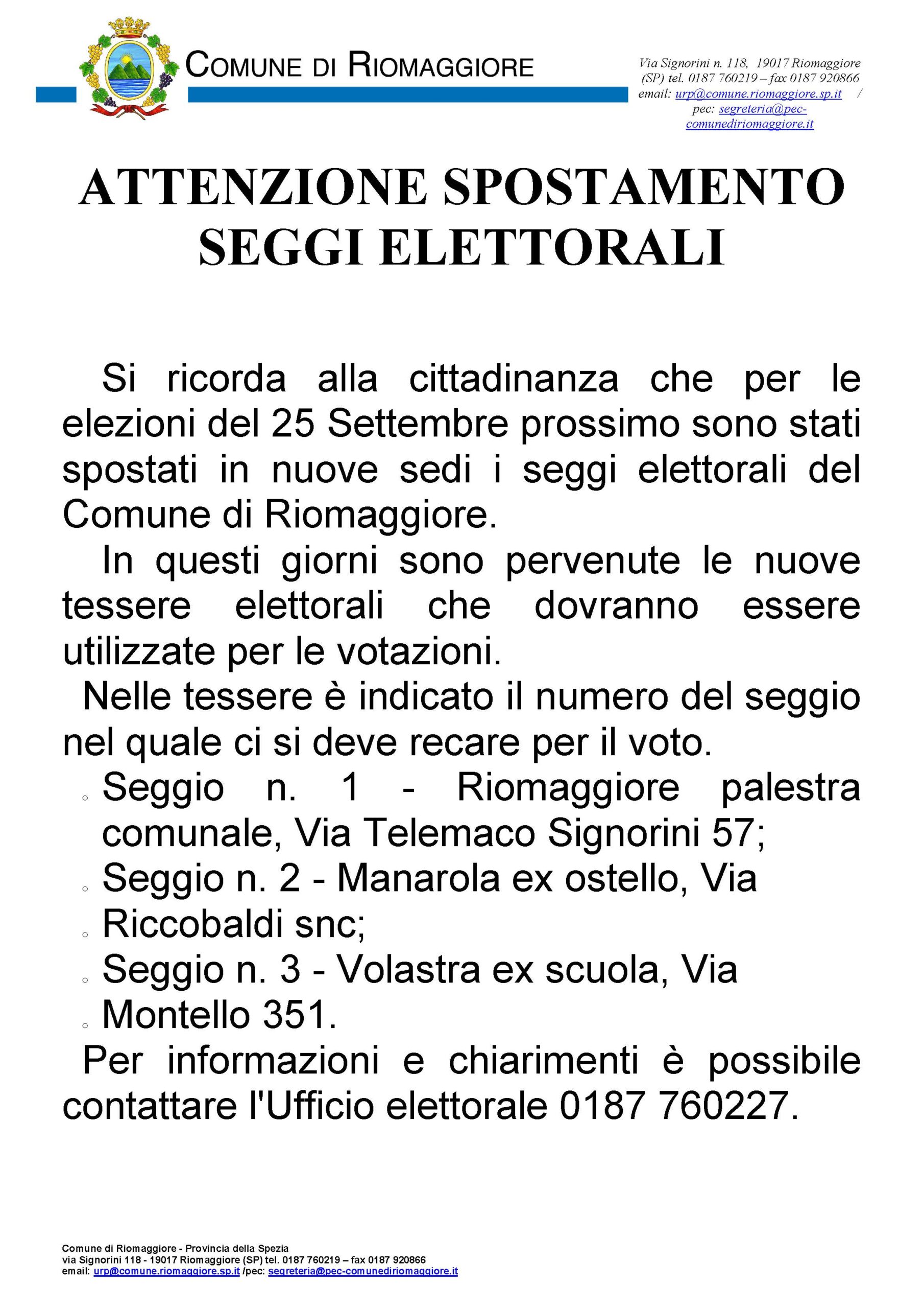 ATTENZIONE SPOSTAMENTO SEGGI ELETTORALI - Comune di Riomaggiore